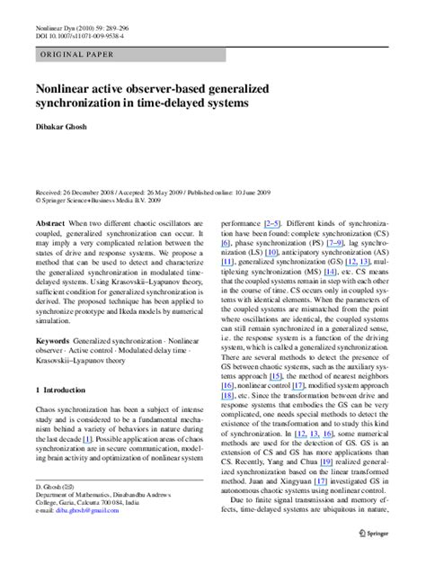 pdf nonlinear active observer based generalized synchronization in