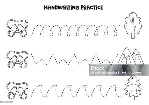 아이들을 위한 트레이싱라인 만화 쌍안경과 산과 나무 작문 연습 교육에 대한 스톡 벡터 아트 및 기타 이미지 교육 기술