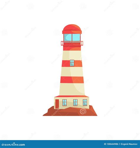 Red And White Lighthouse Searchlight Tower For Maritime Navigation Guidance Vector Illustration