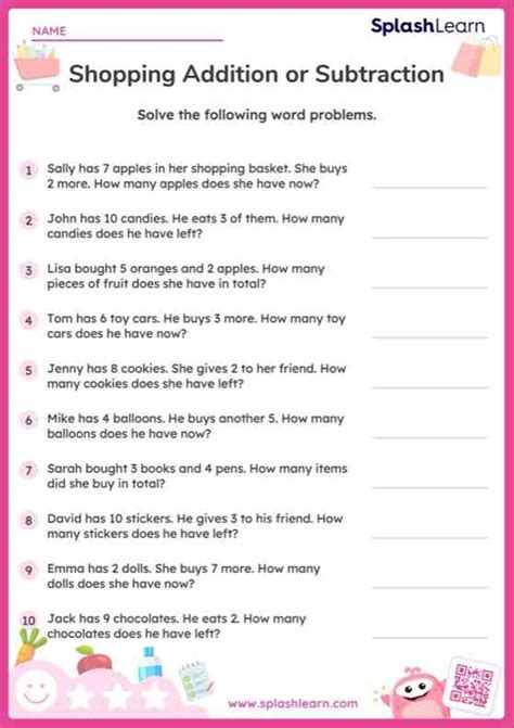 Add Or Subtract Within 10 Shopping Word Problems — Printable Math Worksheet