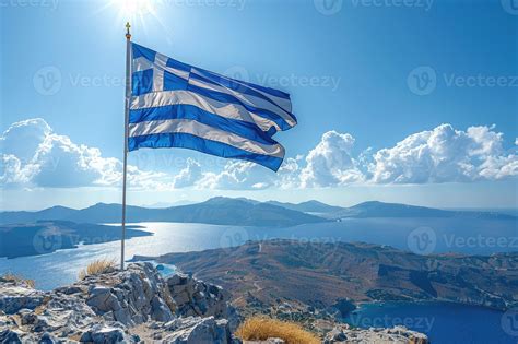 Greek Flag Waving On Windy Day With Aegean Sea Background 49046755