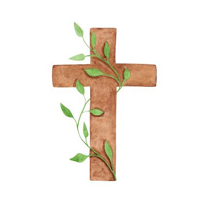 Religious Cross With Green Branch Isolated On A White Background