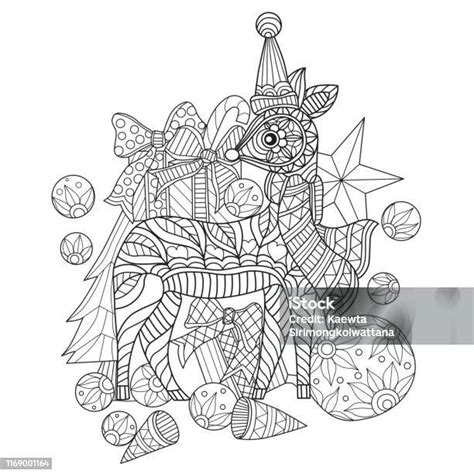 사슴과 기프트 박스의 손으로 그린 일러스트는 젠탱 스타일로 어른 의 색칠 공부 컬러링 북 페이지 일러스트레이션 기법에 대한 스톡