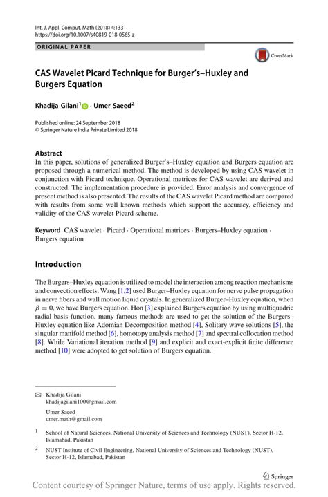 Cas Wavelet Picard Technique For Burgers Huxley And Burgers Equation Request Pdf