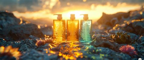 Vibrant Sanitizer Bottles At Sunset A Trio Of Colorful Hygiene Vibrant Sanitizer Bottles At Sunset A Trio Of Colorful Hygiene