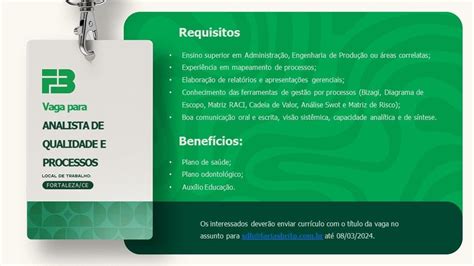 Vaga De Analista De Qualidade E Processos Em Fortalezace