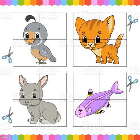 잘라 서 재생할 수 있습니다 접착제와 종이 게임 플래시 카드 교육 워크 시트 활동 페이지입니다 재미있는 캐릭터 격리된 벡터 그림입니다 만화 스타일 0명에 대한 스톡 벡터