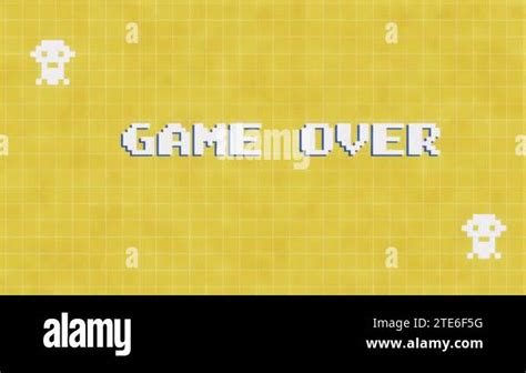 Retro Looping 2d 8 Bit Pixelated Game Over Sign On A Yellow Background With Pixelated 8 Bit Game