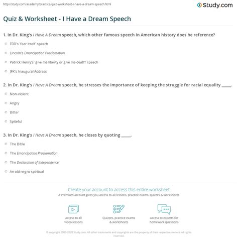 Quiz And Worksheet I Have A Dream Speech
