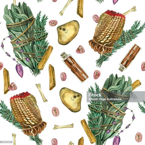 원활한 패턴 운세 용품 수정 진자 훈증용 허브와 양초 룬이 새겨진 돌 모든 것이 수채화로 손으로 그려져 있습니다 직물 및 종이에