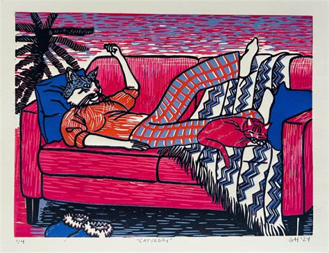 Caturday 6 Colour Linocut Reduction Print Etsy