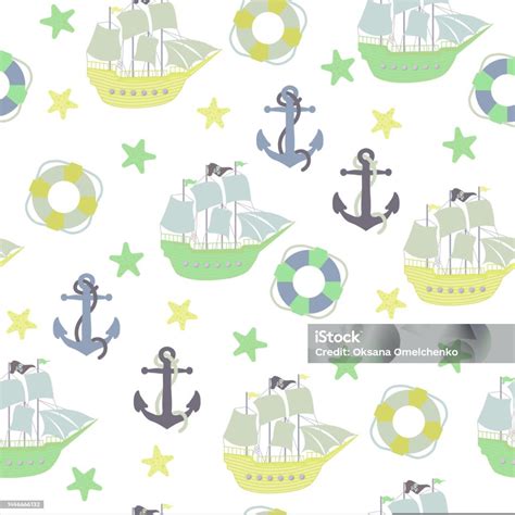 벡터는 배 닻 구명 부표가 있는 원활한 패턴입니다 수중 만화 생물 해양 배경입니다 직물 아동 의류 섬유 포장지에 대 한 귀여운 바다 패턴 닻에 대한 스톡 벡터 아트 및 기타