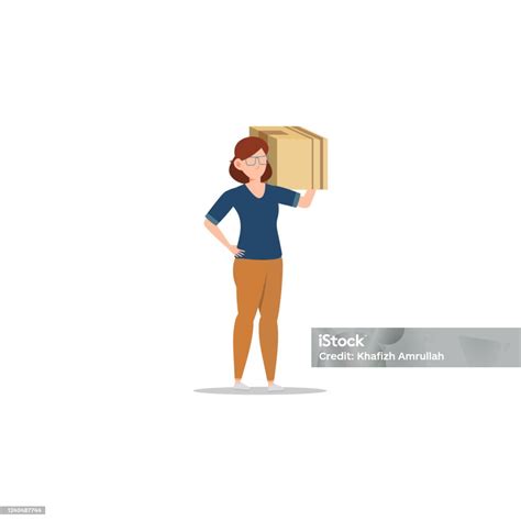 상자를 들고 서 있는 젊은 여성 택배 배달의 만화 캐릭터 일러스트 흰색 배경에 격리 된 평면 디자인 개념에 대한 스톡 벡터 아트 및 기타 이미지 Istock