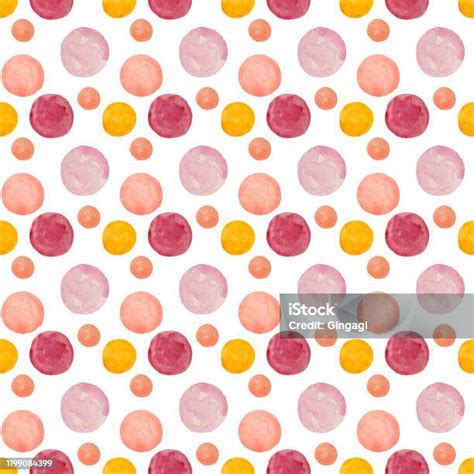 수채화 둥근 얼룩 도트 패턴 흰색 배경에 주황색 분홍색 노란색 점이있는 원활한 패턴 손으로 그린 추상 벽지 때묻은에 대한 스톡 사진 및 기타 이미지 Istock