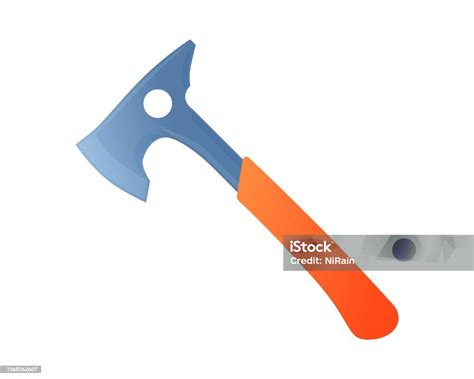 흰색 배경에 분리 된 주황색 손잡이가있는 벡터 일러스트 금속 도끼 평면 만화 스타일의 도끼 벡터 아이콘 나무로 작업하기위한 손 도구 목공 작업을위한 장비 소방관 도끼 강철에