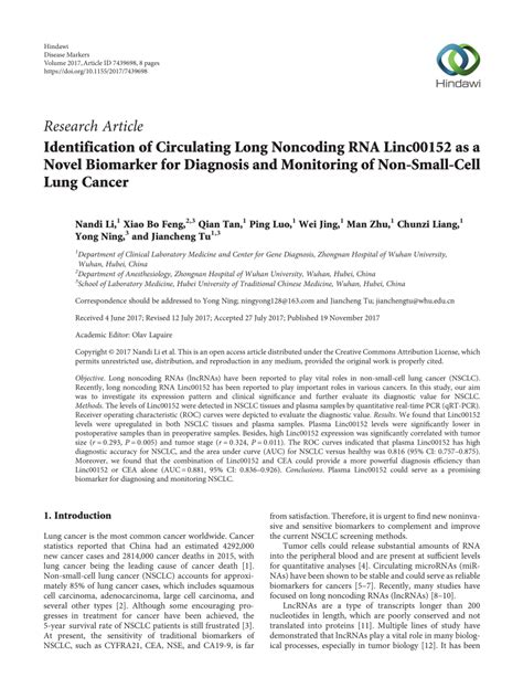 Pdf Identification Of Circulating Long Noncoding Rna Linc00152 As A Novel Biomarker For