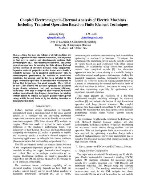 Coupled Electromagnetic Thermal Analysis Of Electric Machines Including Transient Operation