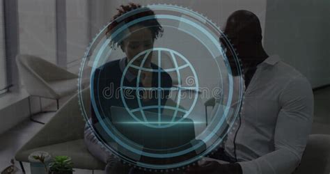 Animation Of Cyber Security Text Globe Icon Diverse Colleagues Discussing Over Laptop In