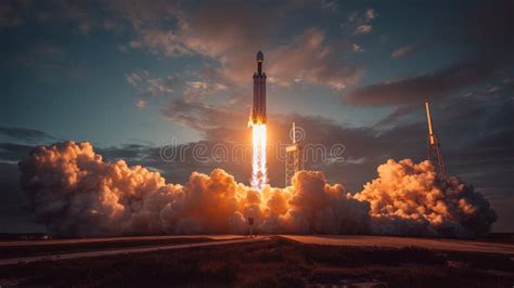 Dynamic Launch Of A Modern Rocket In Dramatic Evening Light Showcasing Advanced Aerospace