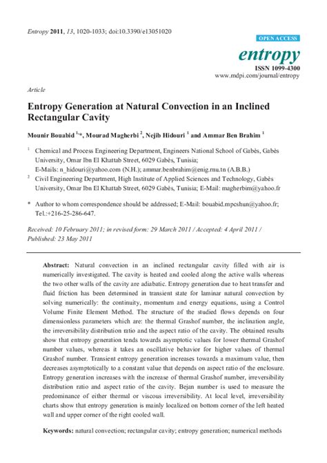 Pdf Entropy Generation At Natural Convection In An Inclined Rectangular Cavity