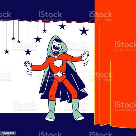 어린이 극장 공연 또는 탤런트 쇼 스펙타클 슈퍼 히어로 의상과 장식과 커튼과 장면에 연기 역할을 하는 후드 재생 과 망토에