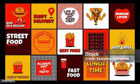 그루비한 패스트 푸드 캐릭터로 설정된 포스터 레트로 카드 햄버거 핫도그 피자 등이 있는 스티커 펑키 브랜딩 패치 슬로건 인용문 바 카페 레스토랑 배달에 대 한 트렌디 한