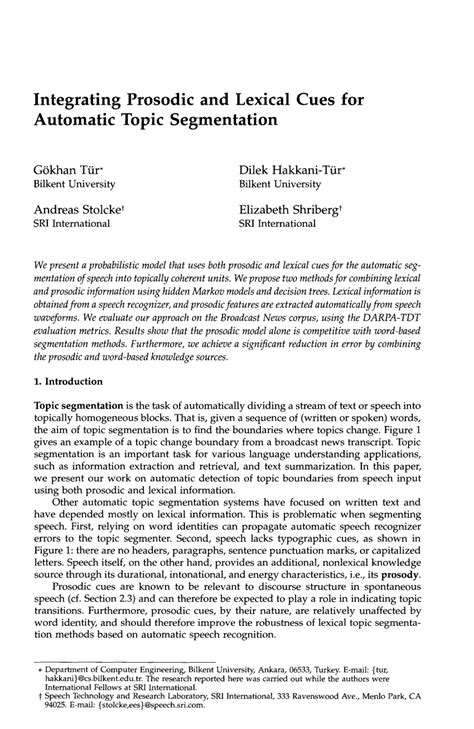 Pdf Integrating Prosodic And Lexical Cues For Automatic Topic Segmentation