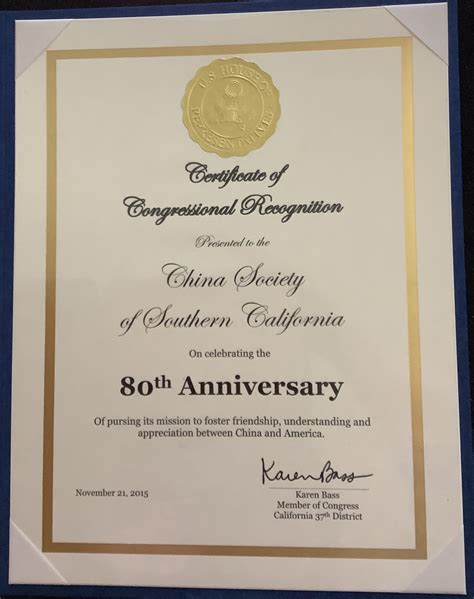 Certificate Of Congressional Recognition For Csscs 80th Anniversary 2015