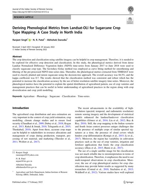 pdf deriving phenological metrics from landsat oli for sugarcane crop