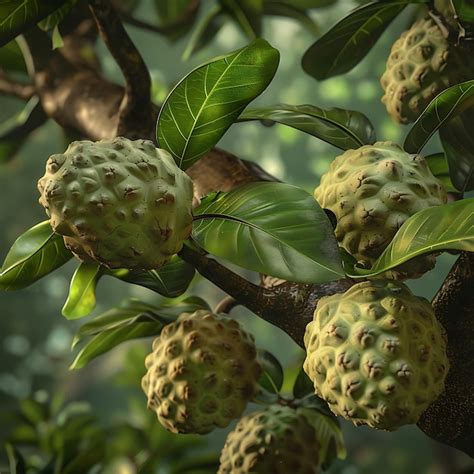 Cherimoya Fruit Tree With Ripe And Green Leaves In Sunlight Premium