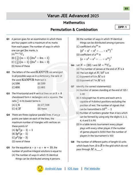 Permutation And Combination Dpp 01 Varun Jee Advanced 2025 Pdf Mathematics Euclidean