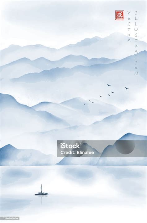 안개낀 산 어선 새 떼가 있는 풍경 전통적인 동양 잉크 페인팅 스미e U죄 고화 상형 문자 꽃 중국 문화에 대한 스톡 벡터 아트
