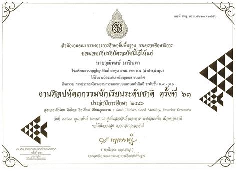 รางวัลชนะเลิศ อันดับ 1 เหรียญทอง การประกวดโครงงานออกแบบและเทคโนโลยี ระดับชั้น ม 4 6 งานศิลป