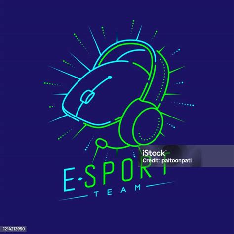 Esport 스트리머 로고 아이콘 개요 스트로크 헤드폰마우스 게이밍 기어 마이크 및 반경 디자인 일러스트레이션 이 스포츠 팀 텍스트와 복사 공간 벡터 Eps와 어두운 파란색