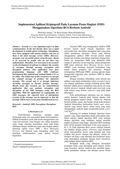 Pdf Implementasi Aplikasi Kriptografi Pada Layanan Pesan Singkat Sms Menggunakan Algoritma