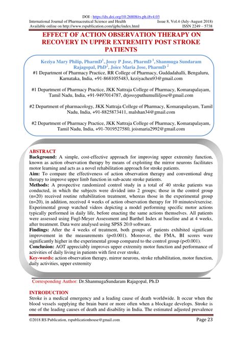 Pdf Effect Of Action Observation Therapy On Recovery In Upper Extremity Post Stroke Patients