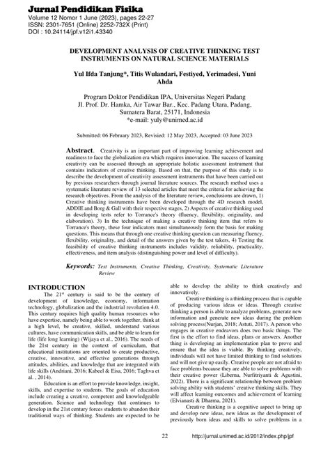 Pdf Development Analysis Of Creative Thinking Test Instruments On Natural Science Materials