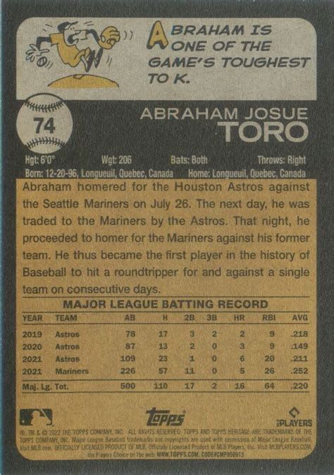 Abraham Toro 2022 Topps Heritage Baseball Card 74 Seattle Mariners Mlb