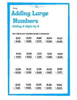 Adding Large Numbers Colorful Worksheets Grade 3 5 TPT