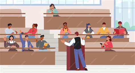 Students In Lecture Hall University Auditorium With Teacher Back And