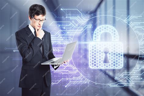 Premium Photo Cyber Security Concept With Pensive Businessman With Laptop And Digital Screen
