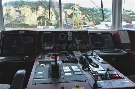 Ship S Bridge Control Console With Navigational Equipment And Chairs Of