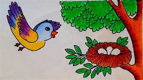 How To Draw Flying Bird And Nest Scenery Drawing Step By Step Bird Drawing YouTube