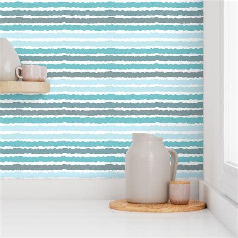 Wiggles Aqua Gray Stripes On White Wallpaper Spoonflower