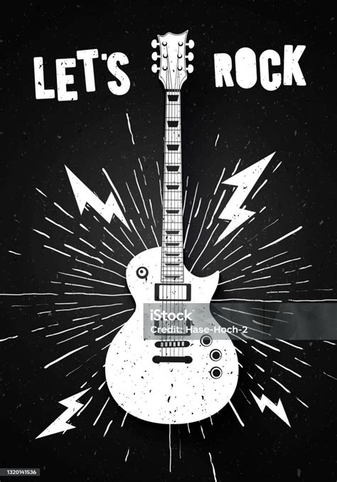 벡터 일러스트레이션을 사용하면 기타로 록 뮤직 프린트 그래픽 디자인을 할 수 있습니다 빈티지 스탬프 라벨 그런지 효과와 티셔츠