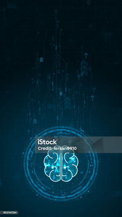 파란색 디지털 로봇 두뇌 로고와 추상적인 배경에 기계 학습 기술 및 Ai 지원 개념이 있는 흐르는 화살표가 있는 미래 지향적인 Hud 요소 디자인에 대한 스톡 사진 및 기타