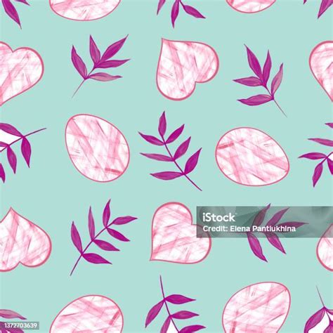 부활절 달걀의 장식 푸른 배경에 잎과 마음이 있는 가지 핑크와 라일락 색상의 매끄러운 패턴 수채화 일러스트레이션 직물 엽서 디자인 포장에 인쇄하십시오 계절에 대한 스톡 벡터