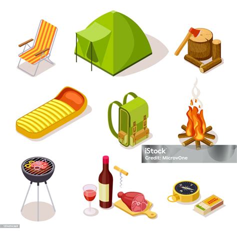 등등 도마 캠핑 벽난로 관광 장비 및 숲 나무로 둘러싸인 텐트가있는 여름 피크닉 3d 벡터 등대 측정 세트 등측투영법에 대한 스톡 벡터 아트 및 기타 이미지 Istock