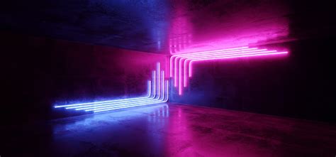 공상 과학 소설 파란 분홍색 자주색 네온 미래 지향적 인 사이버 펑크 빛나는 복고풍 현대 활기찬 조명 레이저 쇼 빈 무대 룸 홀 반사 콘크리트 그런 지 클럽 배경 3d