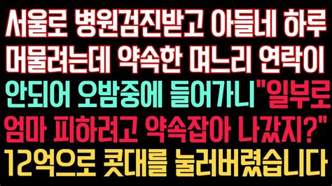 실화사연 서울로 병원검진받고 아들네 하루 머물려는데 약속한 며느리가 연락이 안되어 오밤중에 들어가니 ”일부러 엄마 피하려고 약속잡아 나갔지 12억으로 콧대를 눌러